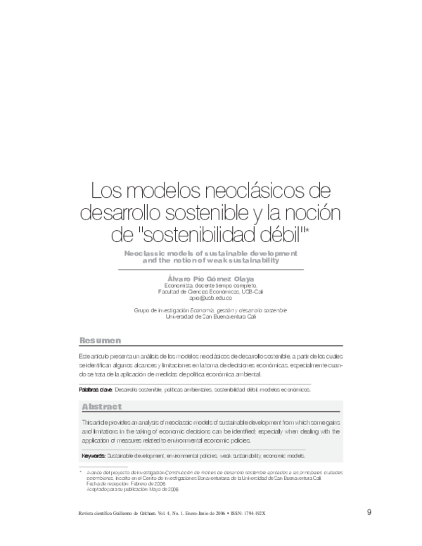 (PDF) Los modelos neoclásicos de desarrollo sostenible y la noción de sostenibilidad débil