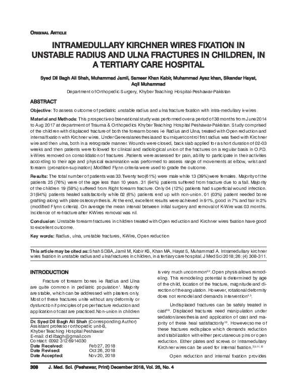 (PDF) Intramedullary Kirchner Wires Fixation in Unstable Radius and ...