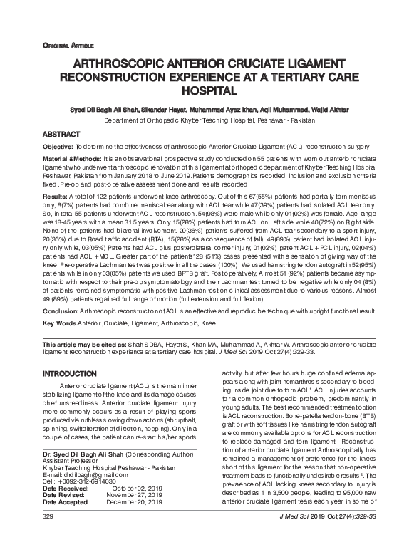 (PDF) Arthroscopic Anterior Cruciate Ligament Reconstruction Experience ...