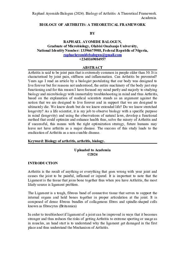 (PDF) BIOLOGY OF ARTHRITIS: A THEORETICAL FRAMEWORK