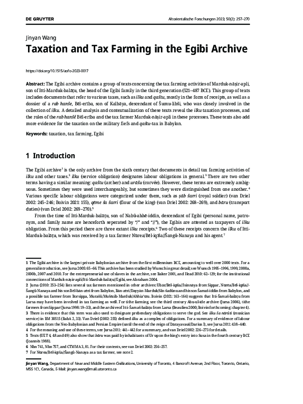(PDF) Taxation and Tax Farming in the Egibi Archive