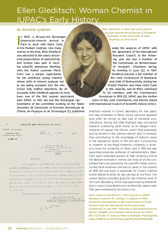(PDF) Ellen Gleditsch: Woman Chemist in IUPAC’s Early History