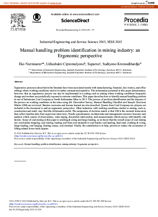 (PDF) Manual Handling Problem Identification in Mining Industry: An ...