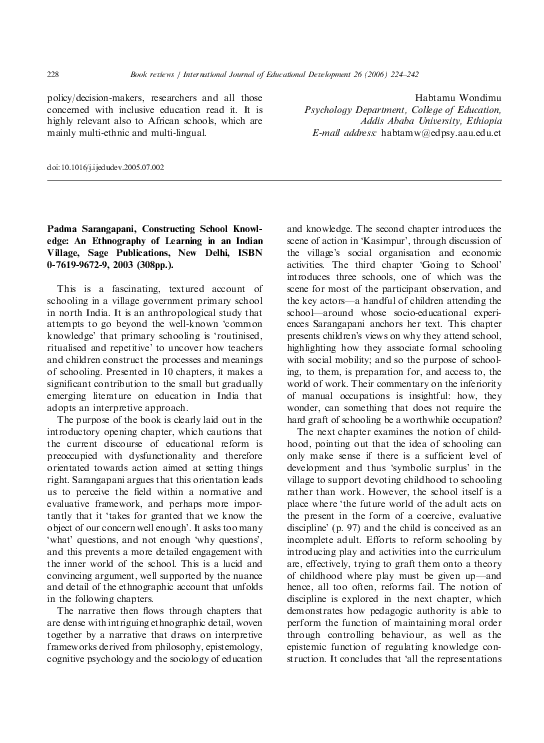 (PDF) Padma Sarangapani, Constructing School KnowledgeAn Ethnography of Learning in an Indian ...