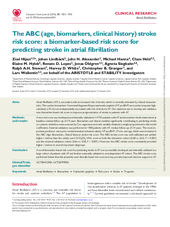 (PDF) The ABC (age, biomarkers, clinical history) stroke risk score: a ...