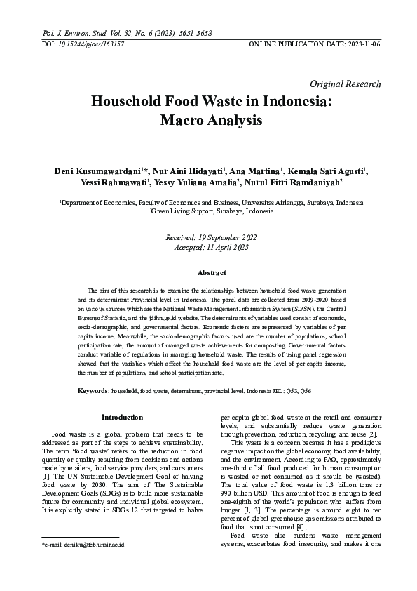 (PDF) Household Food Waste in Indonesia: Macro Analysis