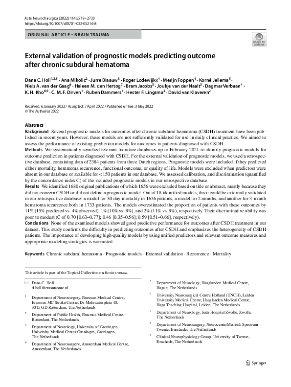 (PDF) External validation of prognostic models predicting outcome after chronic subdural ...