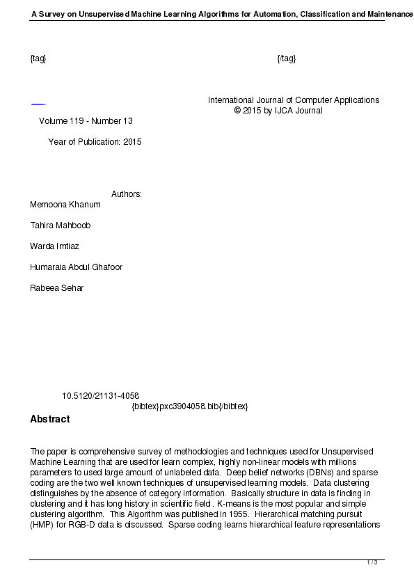 Pdf A Survey On Unsupervised Machine Learning Algorithms For Automation Classification And