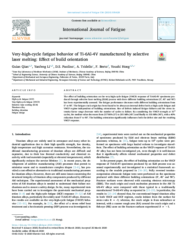 (PDF) Very-high-cycle fatigue behavior of Ti-6Al-4V manufactured by selective laser melting ...