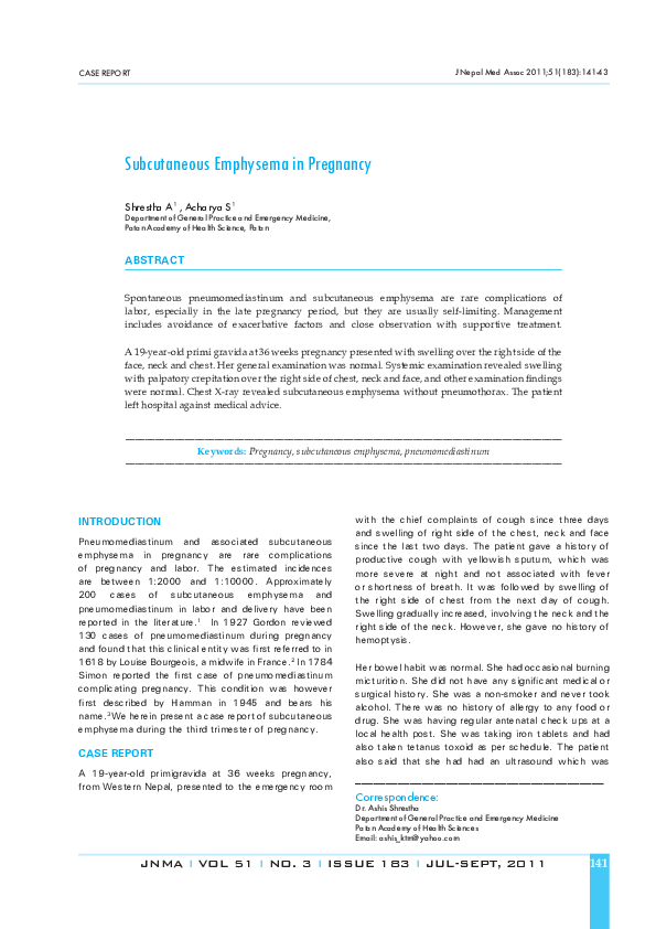 (PDF) Subcutaneous Emphysema in Pregnancy (PDF) Subcutaneous Emphysema in Pregnancy