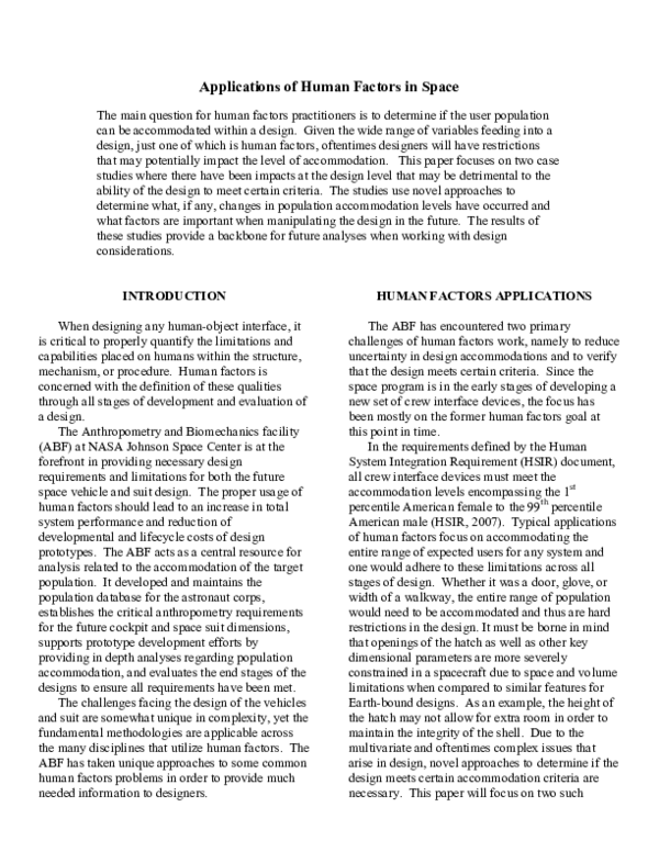 (PDF) Applications of Human Factors in Space