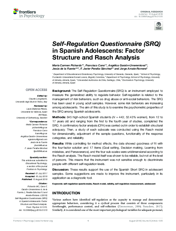 (PDF) Self-Regulation Questionnaire (SRQ) in Spanish Adolescents ...