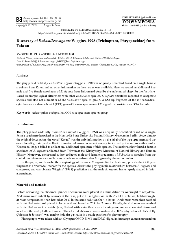(PDF) Discovery of Eubasilissa signata Wiggins, 1998 (Trichoptera ...