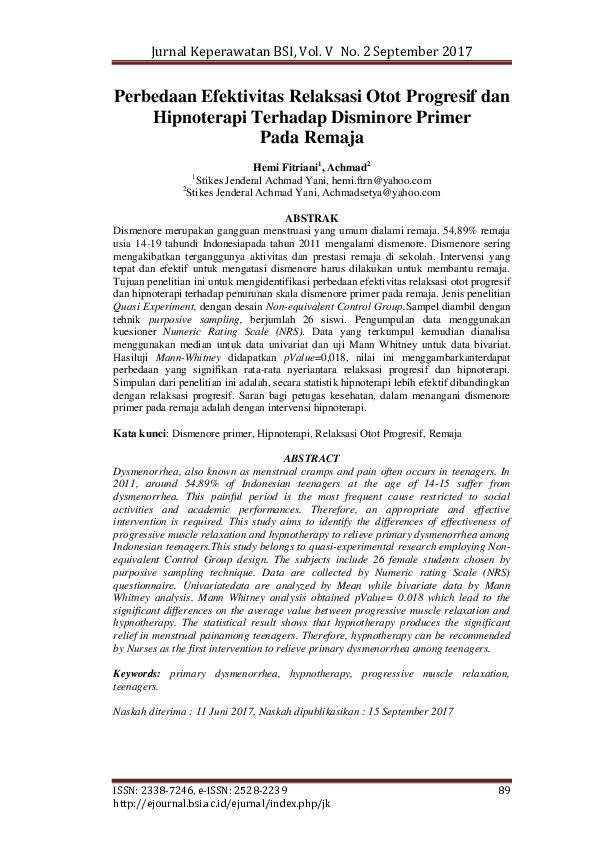 (PDF) Perbedaan Efektivitas Relaksasi Otot Progresif Dan Hipnoterapi ...