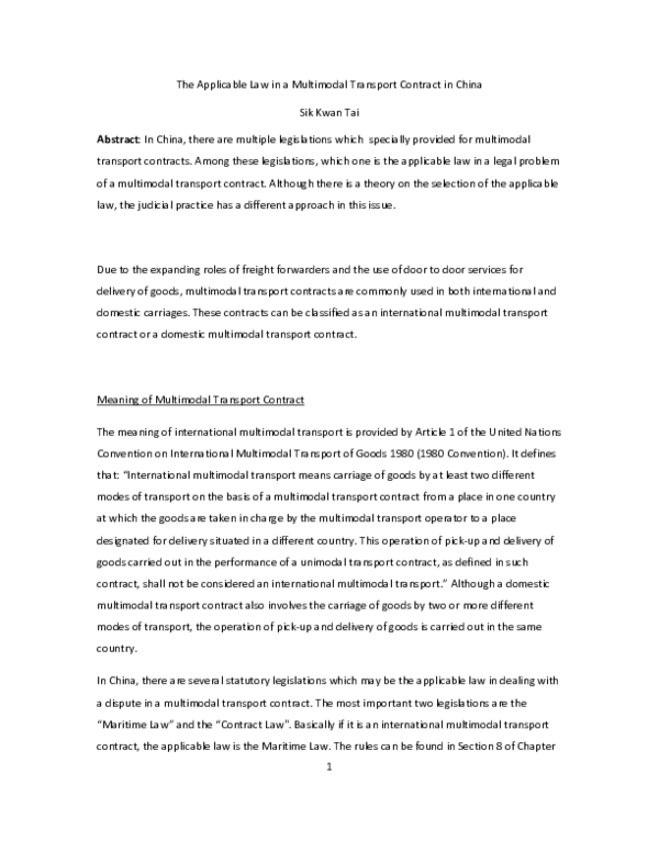 (PDF) The Applicable Law in a Multimodal Transport Contract in China