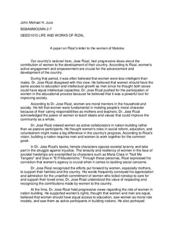 (PDF) Rizal’s letter to the women of Malolos