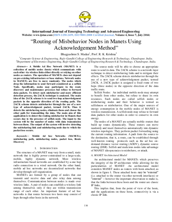 Pdf Routing Of Misbehavior Nodes In Manets Using Acknowledgement Method Ms Bhagyashree 8871