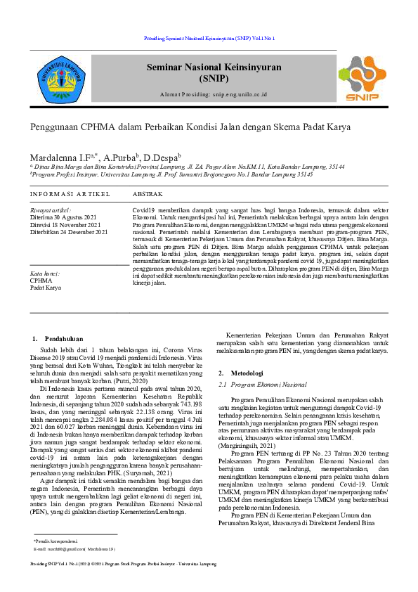 (PDF) Penggunaan CPHMA dalam Perbaikan Kondisi Jalan dengan Skema Padat Karya