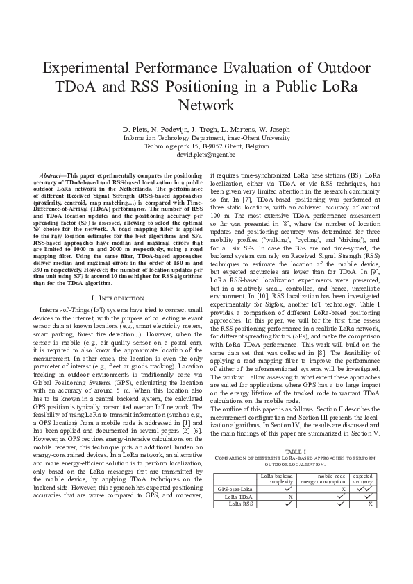(PDF) Experimental Performance Evaluation of Outdoor TDoA and RSS Positioning in a Public LoRa ...