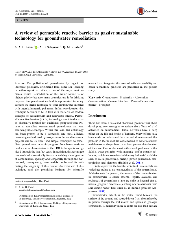 (PDF) A review of permeable reactive barrier as passive sustainable ...