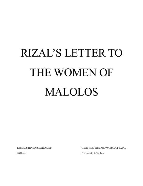 (PDF) RIZAL’S LETTER TO THE WOMEN OF MALOLOS