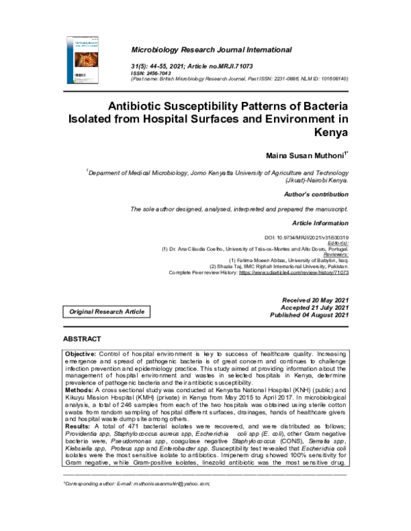 (PDF) Antibiotic Susceptibility Patterns of Bacteria Isolated from Hospital Surfaces and ...