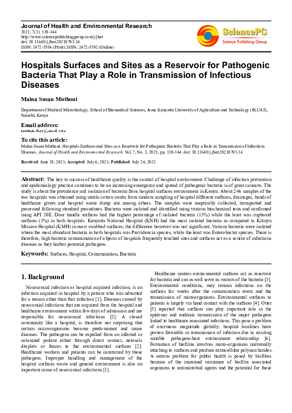 (PDF) Hospitals Surfaces and Sites as a Reservoir for Pathogenic ...