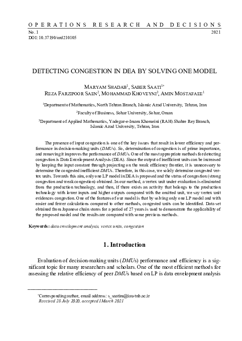 (PDF) Detecting congestion in DEA by solving one model