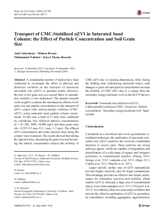 (PDF) Transport of CMC-Stabilized nZVI in Saturated Sand Column: the ...