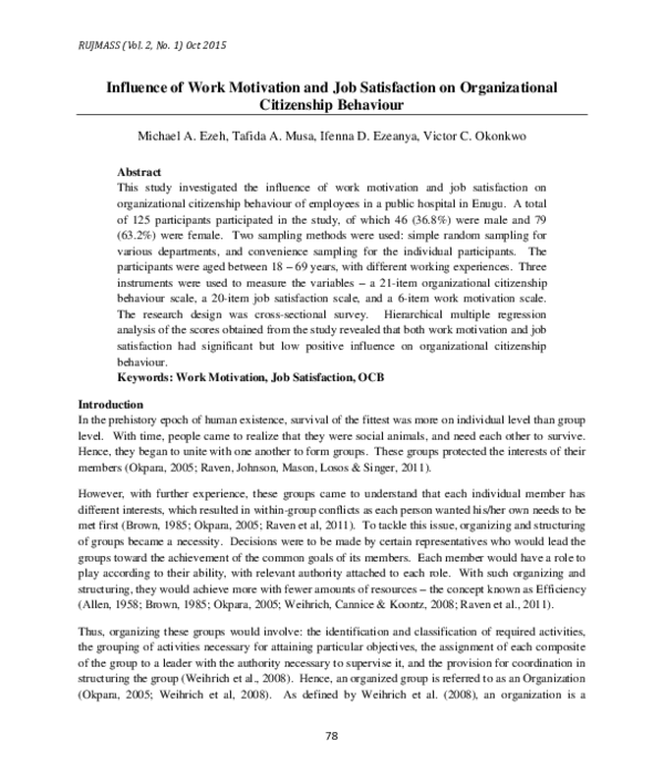 (PDF) Influence of Work Motivation and Job Satisfaction on Organizational Citizenship Behaviour