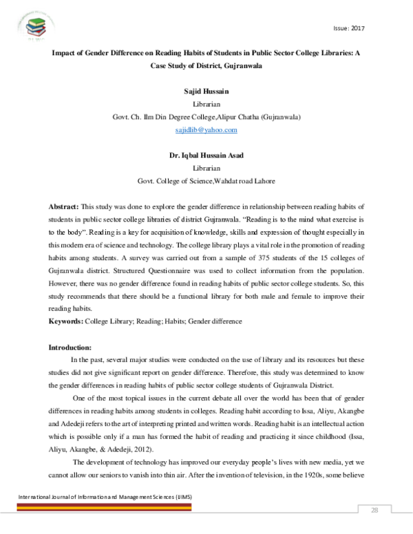 (PDF) Impact of Gender Difference on Reading Habits of Students in ...