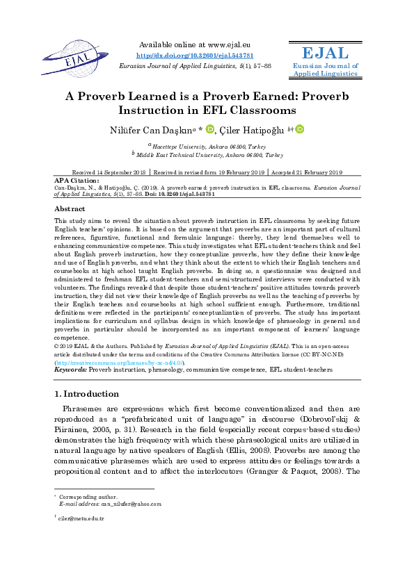 (PDF) A Proverb Learned is a Proverb Earned: Proverb Instruction in EFL ...