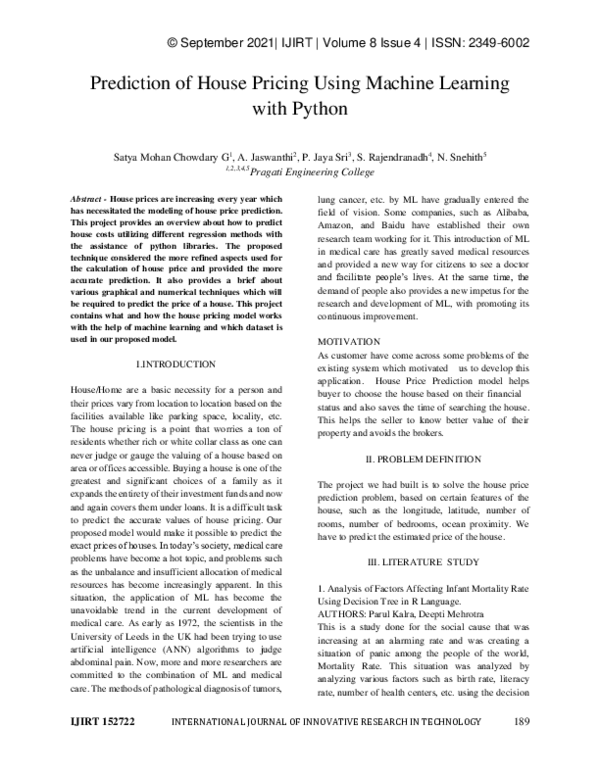 Pdf Prediction Of House Pricing Using Machine Learning With Python Satya Mohan Chowdary G