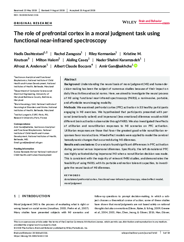 (PDF) The role of prefrontal cortex in a moral judgment task using ...