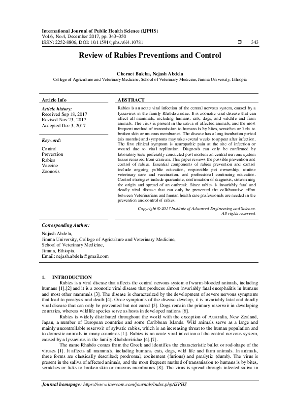 (PDF) Review of Rabies Preventions and Control