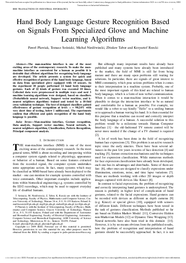 (PDF) Hand Body Language Gesture Recognition Based on Signals From Specialized Glove and Machine ...