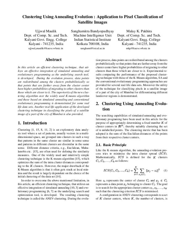 (PDF) Clustering Using Annealing Evolution: Application to Pixel Classification of Satellite Images