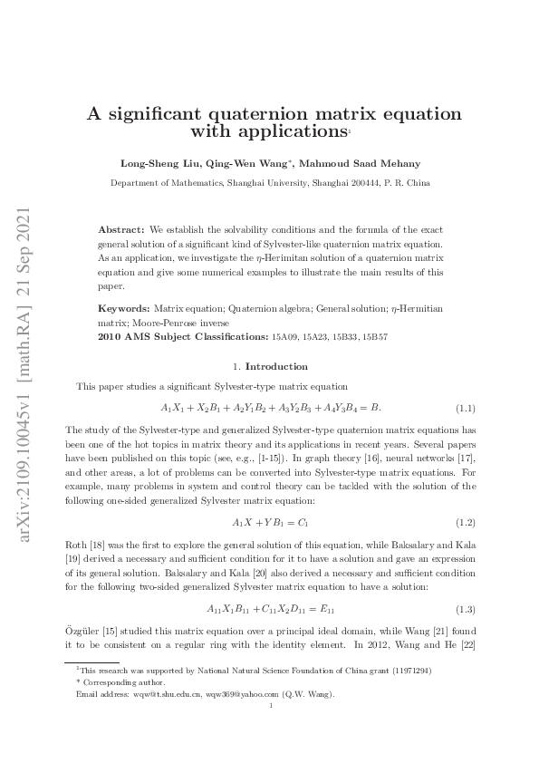 (PDF) A significant quaternion matrix equation with applications