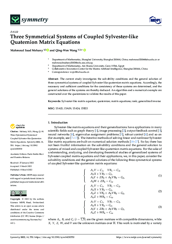 (PDF) Three Symmetrical Systems of Coupled Sylvester-like Quaternion Matrix Equations