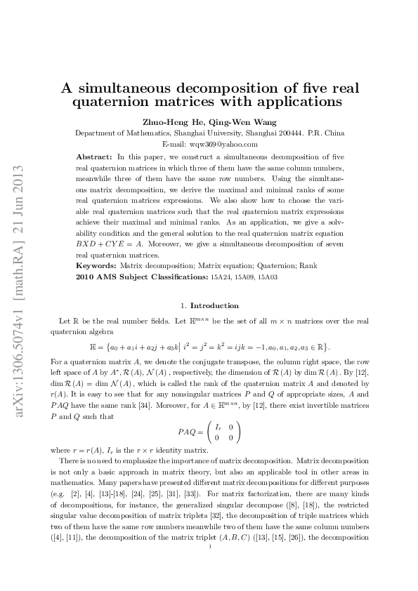 (PDF) A simultaneous decomposition of five real quaternion matrices with applications