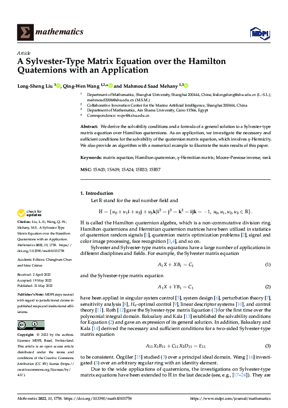 (PDF) A Sylvester-Type Matrix Equation over the Hamilton Quaternions with an Application