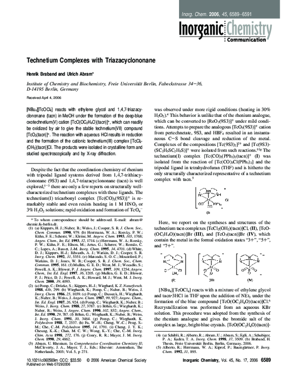(PDF) Technetium Complexes with Triazacyclononane