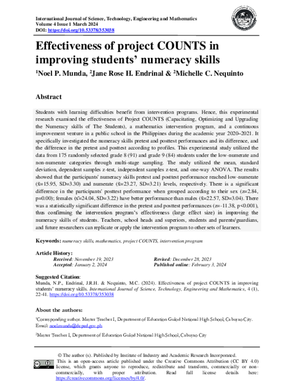 (PDF) Effectiveness of project COUNTS in improving students' numeracy ...