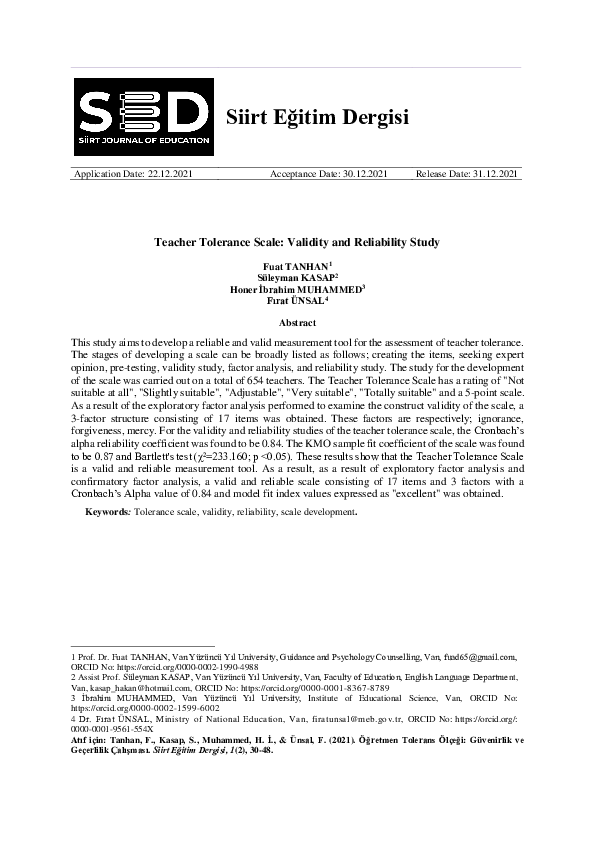 (PDF) Teacher Tolerance Scale: Validity and Reliability Study