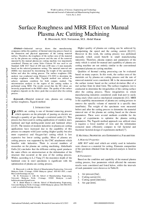 Pdf Surface Roughness And Mrr Effect On Manual Plasma Arc Cutting Machining