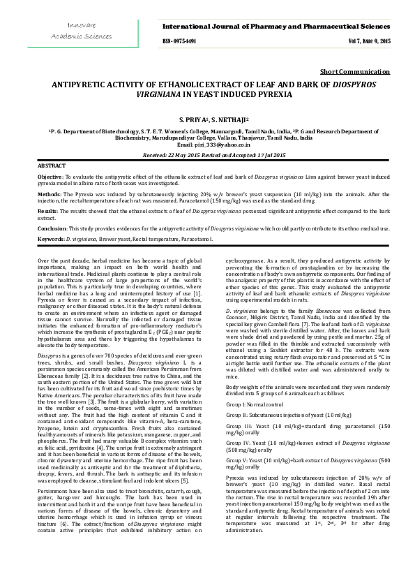 (PDF) ANTIPYRETIC ACTIVITY OF ETHANOLIC EXTRACT OF LEAF AND BARK OF DIOSPYROS VIRGINIANA IN ...