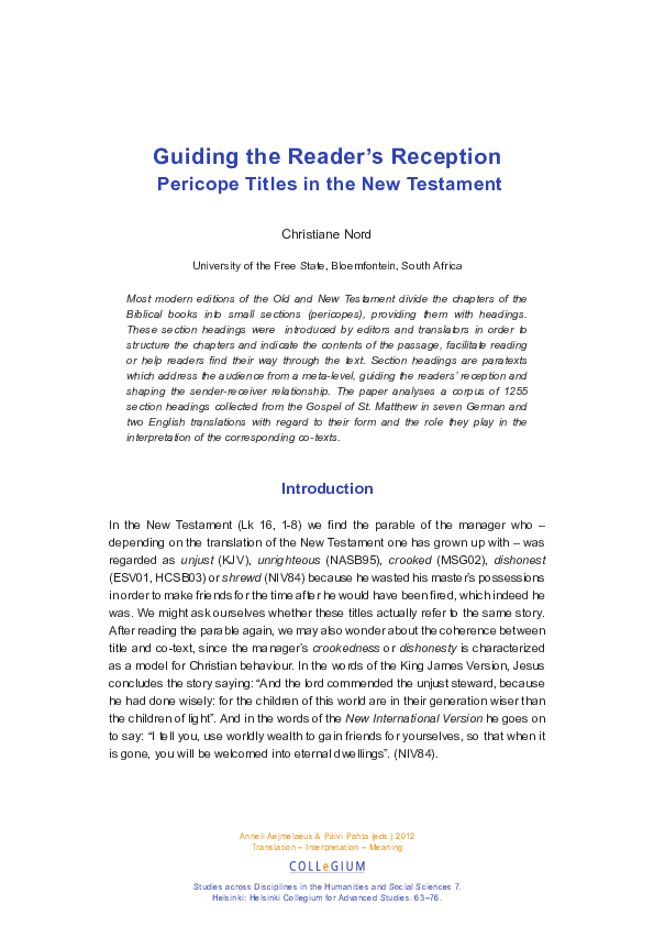 (PDF) Guiding the Reader’s Reception: Pericope Titles in the New Testament