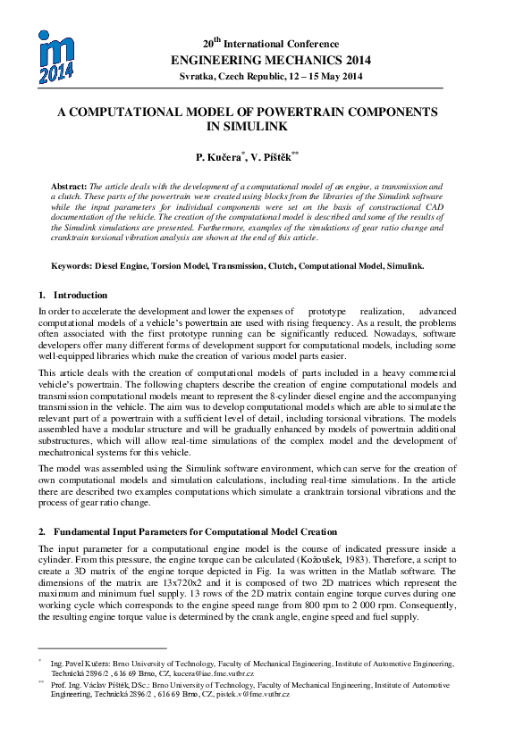 (PDF) A Computational Model of Powertrain Components in Simulink