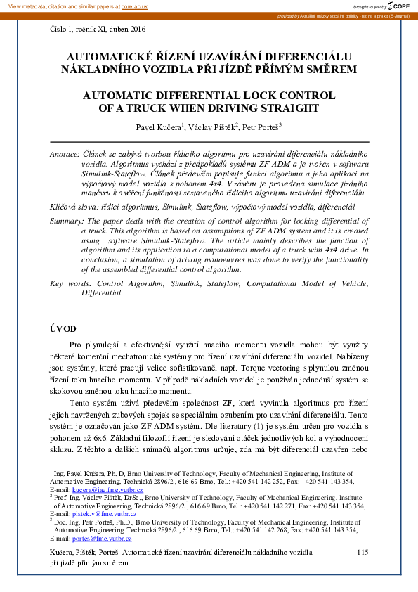 (PDF) Automatic Differential Lock Control of a Truck When Driving ...