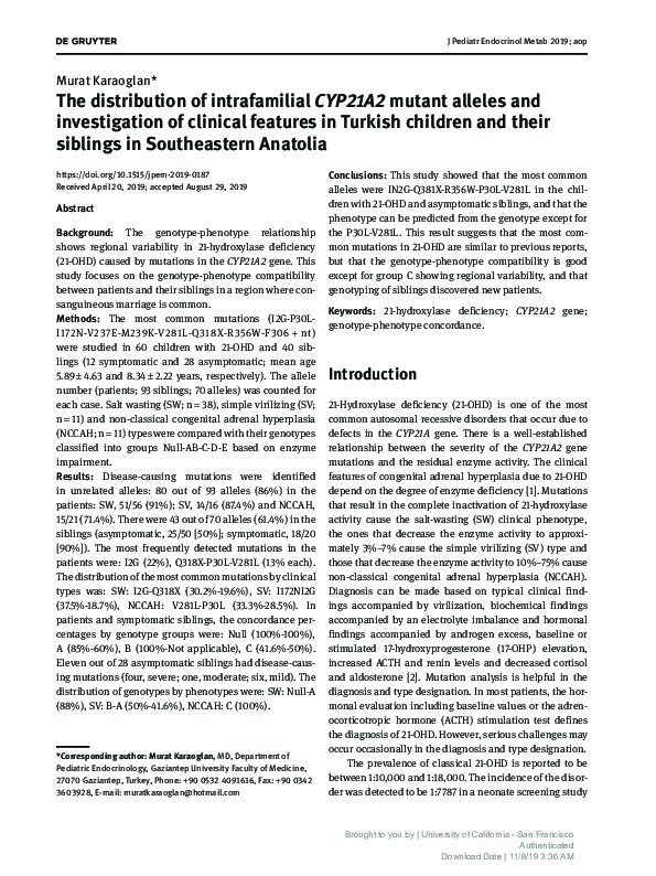 (PDF) The distribution of intrafamilial CYP21A2 mutant alleles and ...